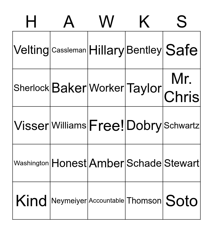 Hope Hawks Bingo Card