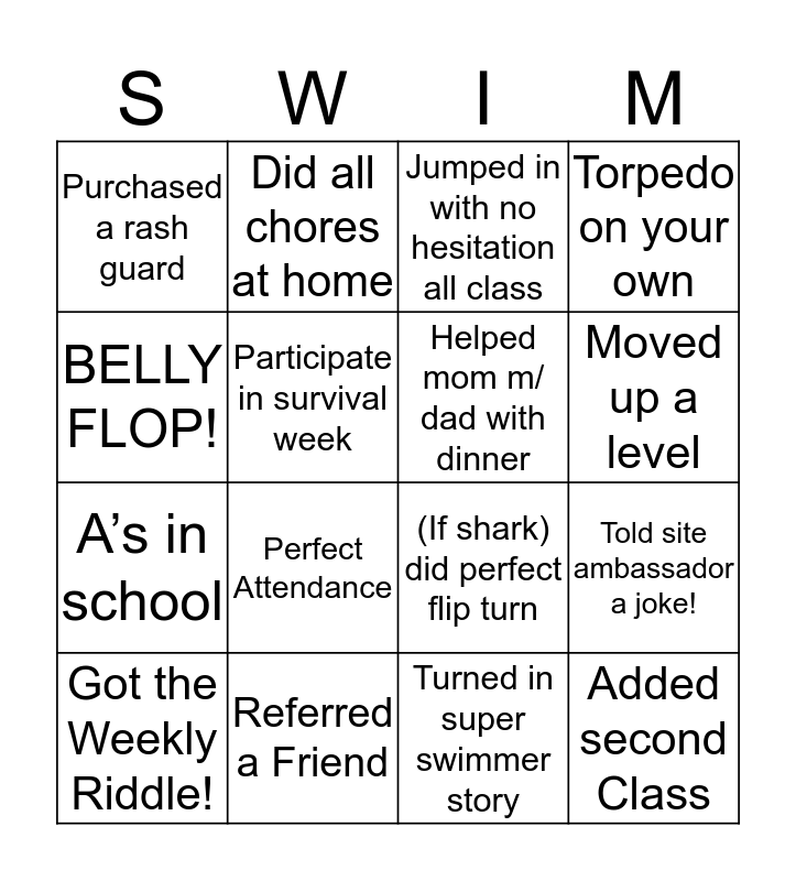 SWIM Bingo Card