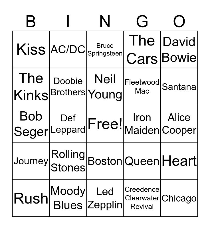 Classic Rock Bingo Card