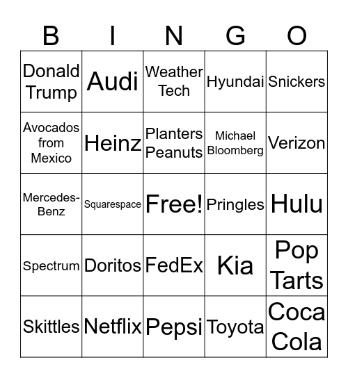 Super Bowl Commercials! Bingo Card
