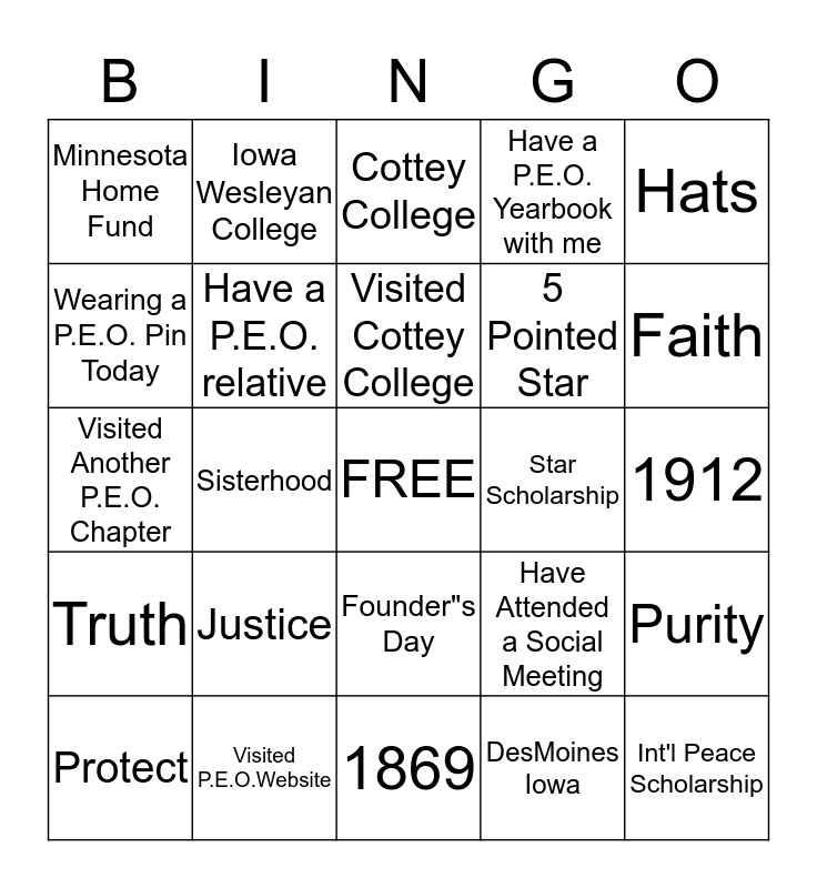 PEO BINGO Card