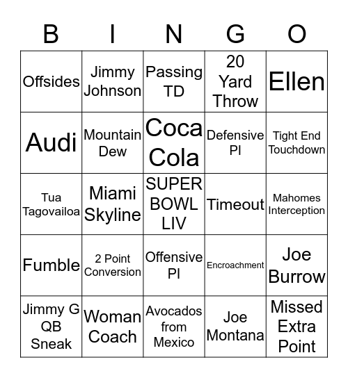 Superbowl LIV Bingo Card