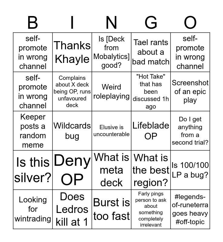 r/LoR Discord Daily Occurences Bingo Card