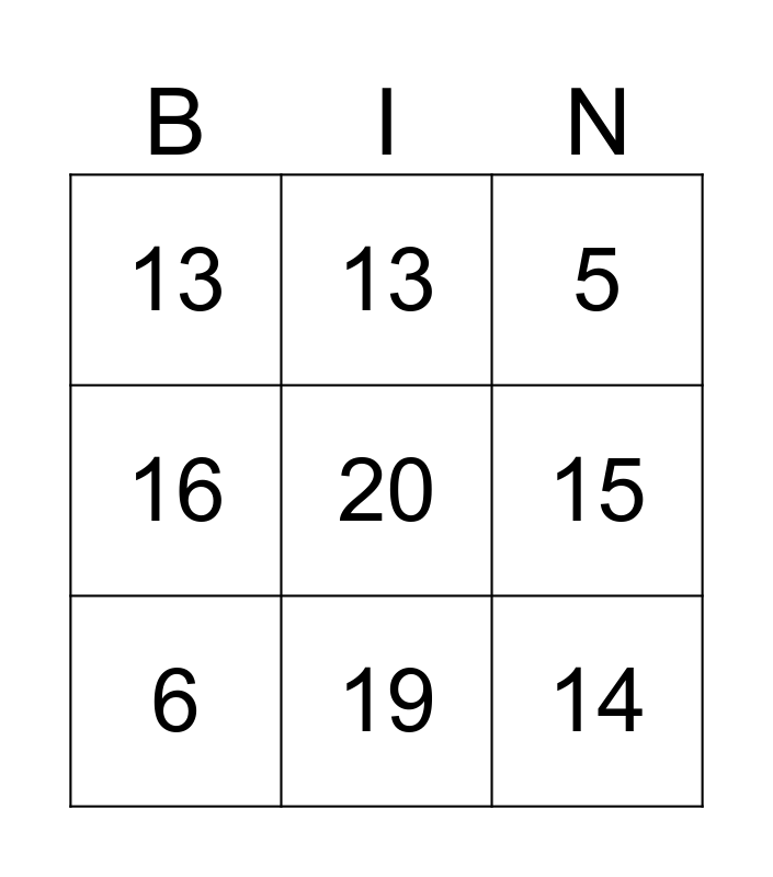 Numbers 1-20 Bingo Card