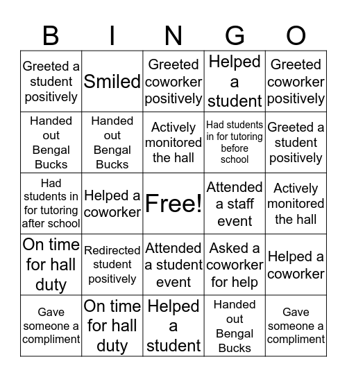 PBIS Staff Bingo Card