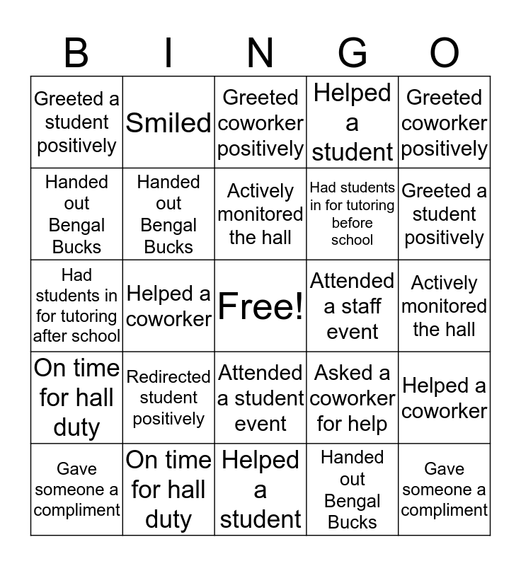 PBIS Staff Bingo Card