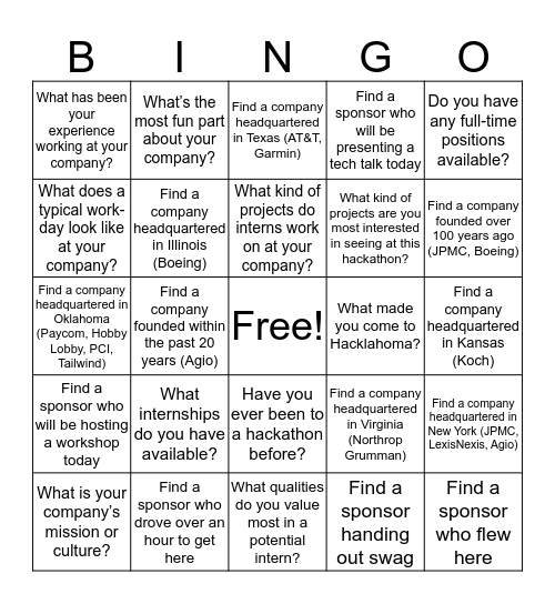 Hacklahoma Sponsor Bingo Card