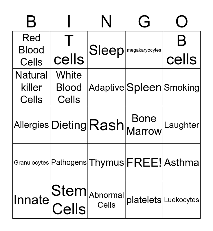 Immune System Bingo Card