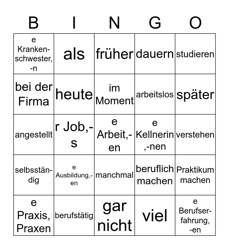 Arbeit und Beruf Bingo Card