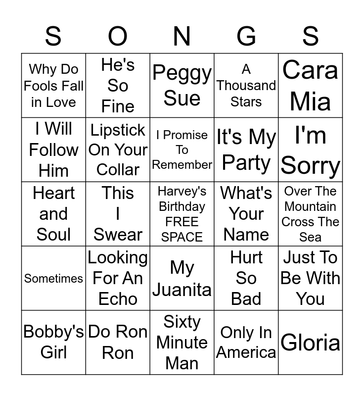 50's Doo Wops Bingo Card