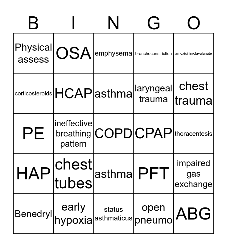 Respiratory Bingo Card
