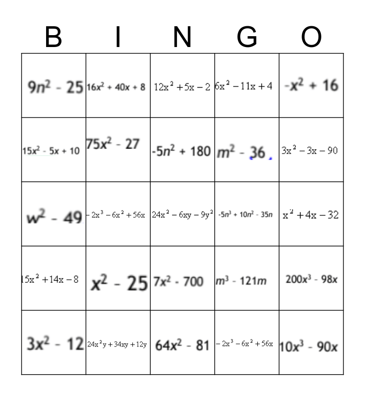 Factoring and factoring out GCF Bingo Card