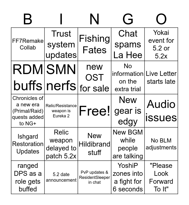 Live Letter 58 Bingo Card