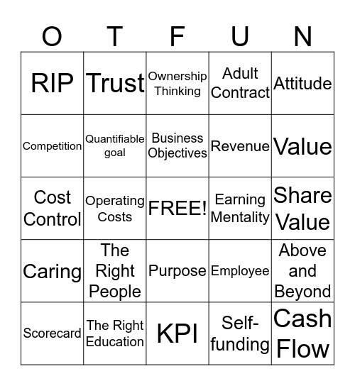Ownership Thinking Fun Bingo Card