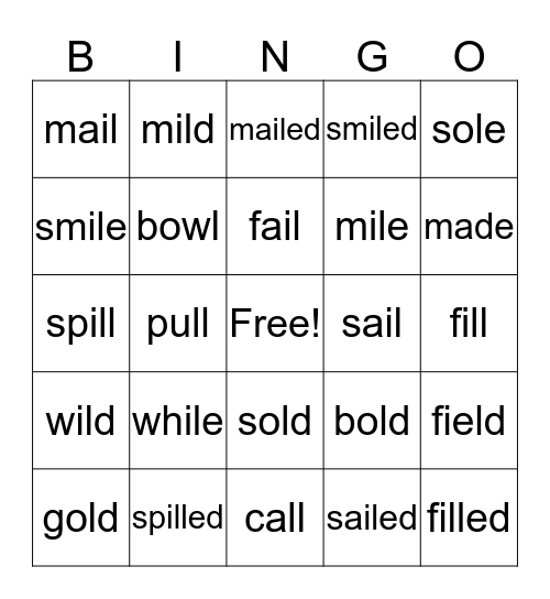 Final Sounds l and ld Bingo Card