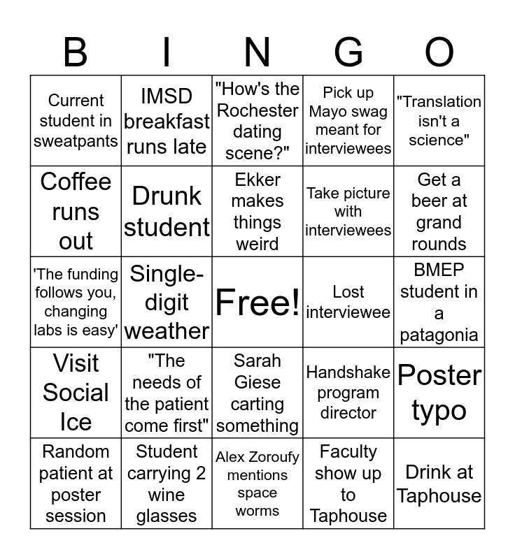 Interview Weekend Bingo Card