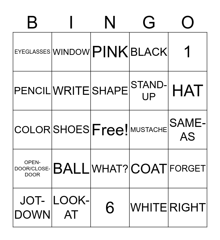 Signing Naturally, Unit 1 Vocab. Bingo Card