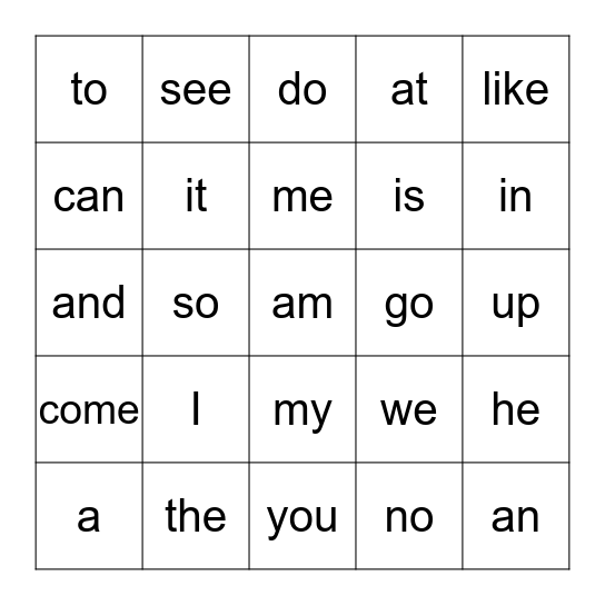 Kindergarten Sightwords Bingo Card