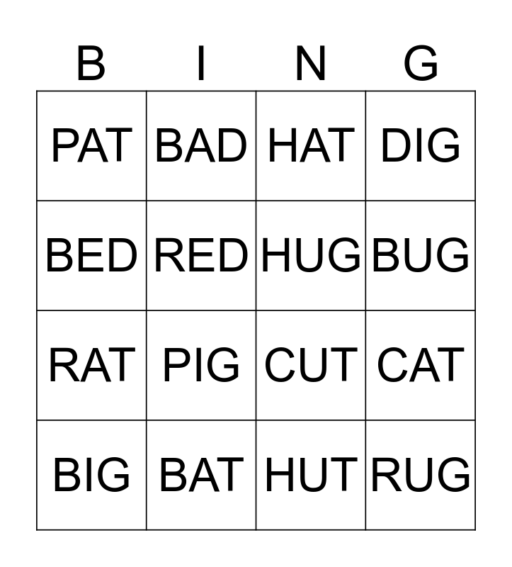 Word Family Bingo Card