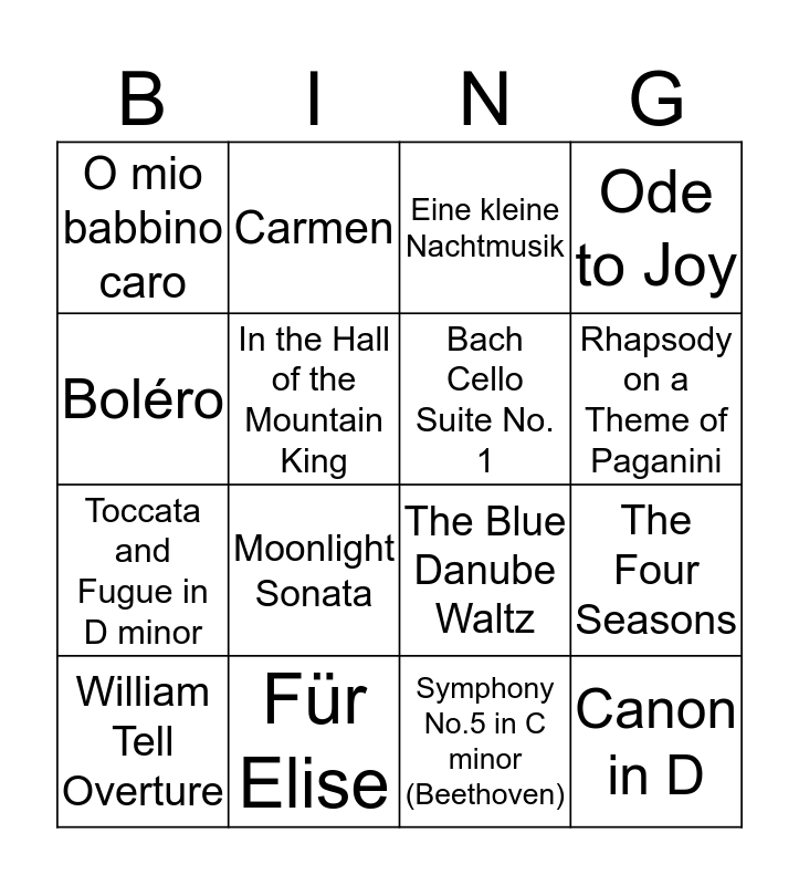 Classical Music Bingo Card