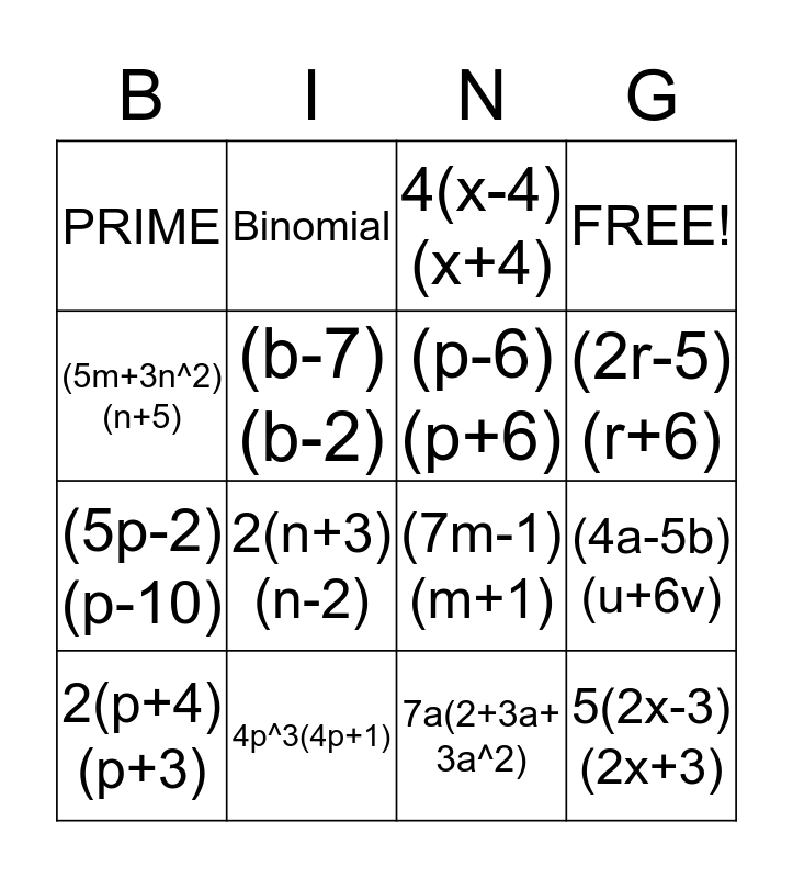 Factor Bingo!!! Bingo Card