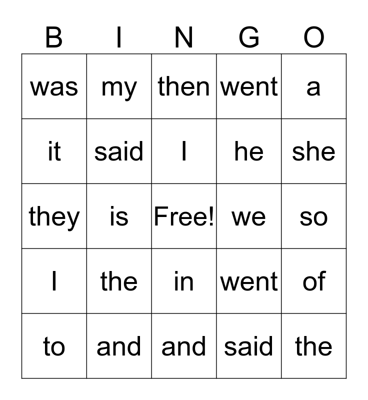 Oxford Words 1-20 Bingo Card