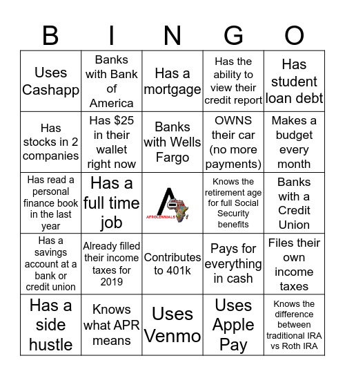 AfroLennials Financial Literacy Bingo Card