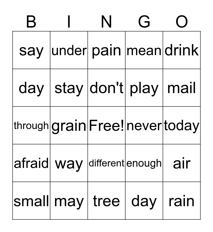 Word List 21 Bingo Card