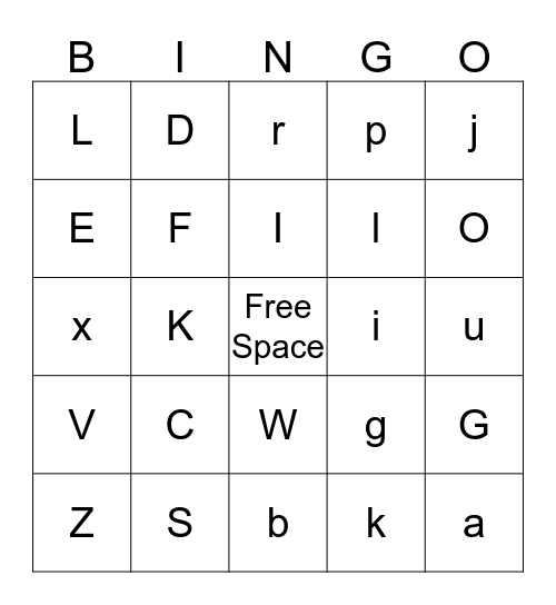 Uppercase and Lowercase Bingo Card
