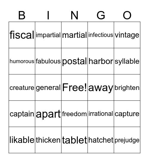 morphology Bingo Card