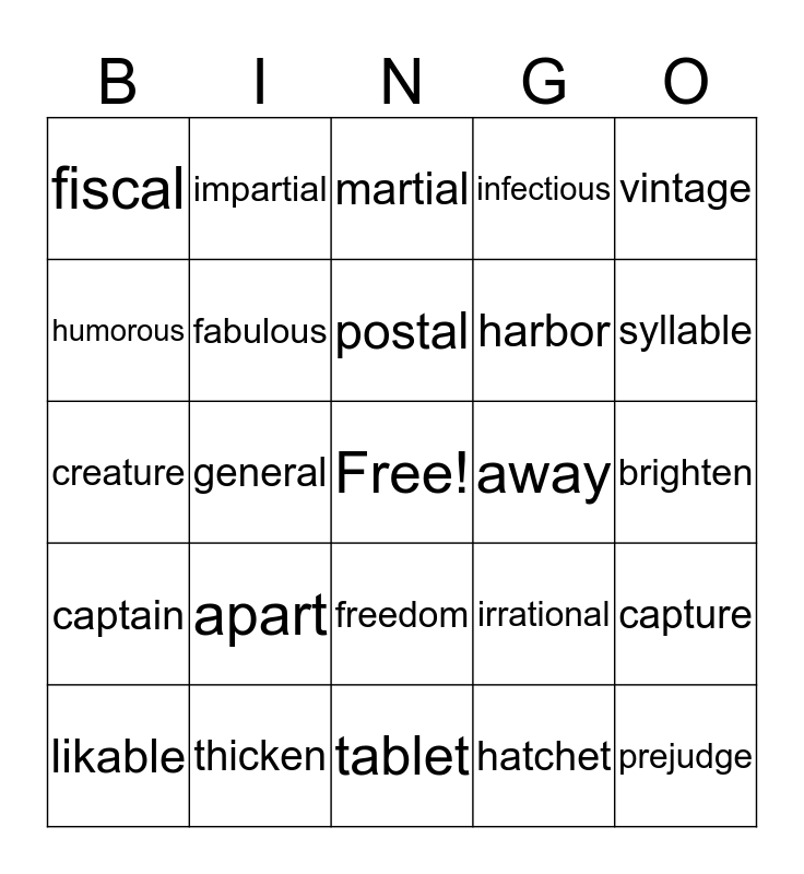 morphology Bingo Card