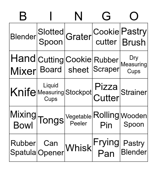 Kitchen Equipment Bingo Card