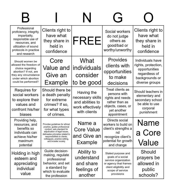 Values & Ethics in Social Work Bingo Card