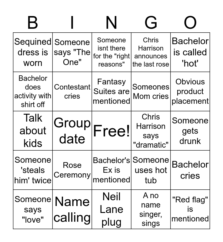 Bachelor Bingo Card