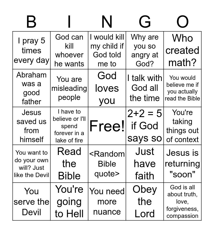 Abrahamist Bingo Card