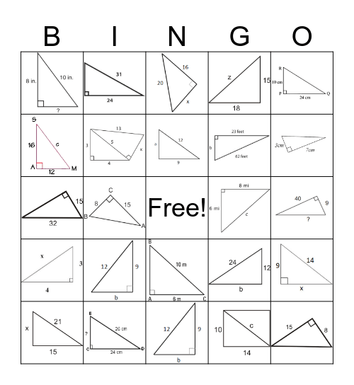 Pythagorean Theorem Valentine's Day Bingo Card
