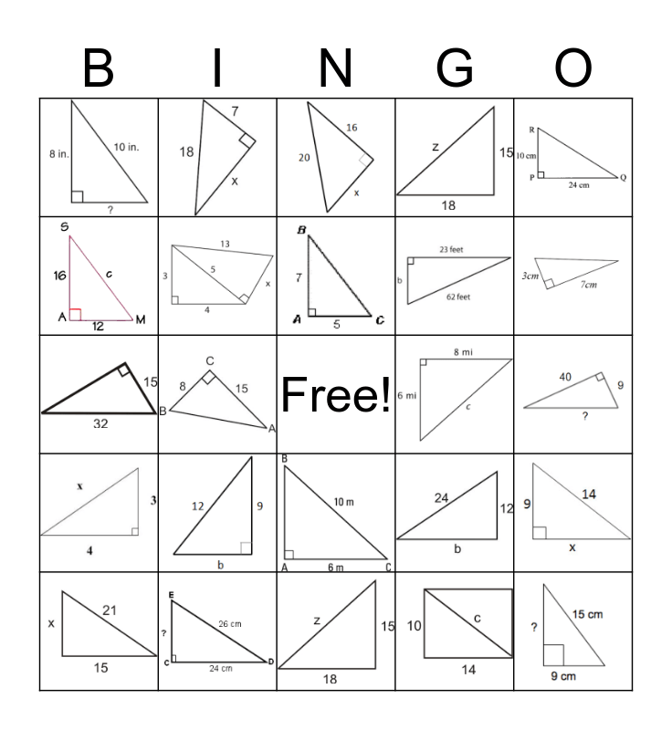 Pythagorean Theorem Valentine's Day Bingo Card