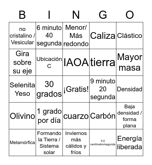 Earth Science Review Bingo Card