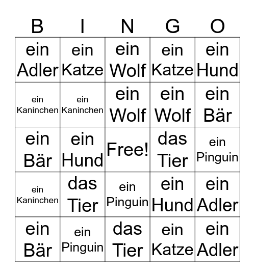 Die Tiere Bingo Card
