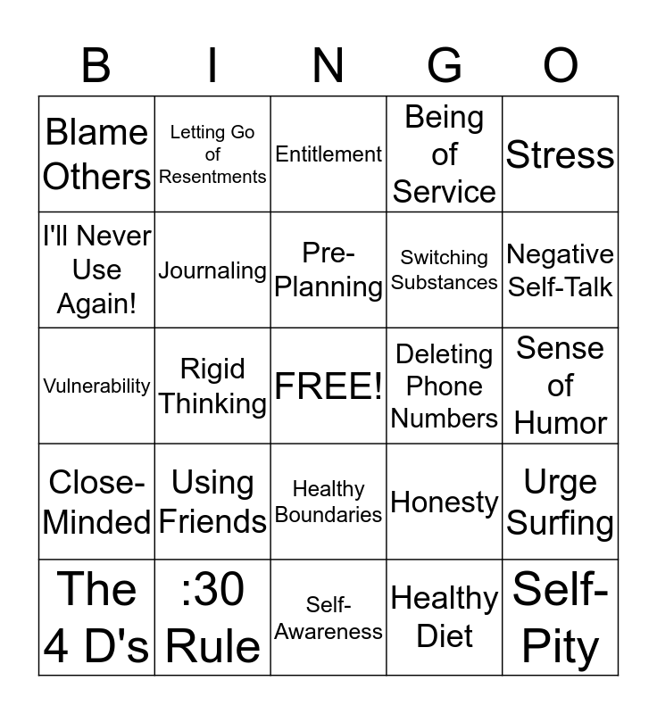 RELAPSE PREVENTION BINGO #1 Bingo Card