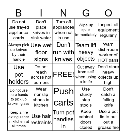 Kitchen Safety Bingo Card