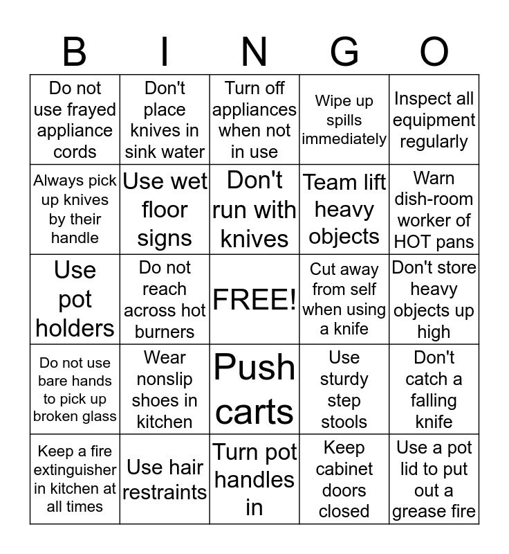 Kitchen Safety Bingo Card