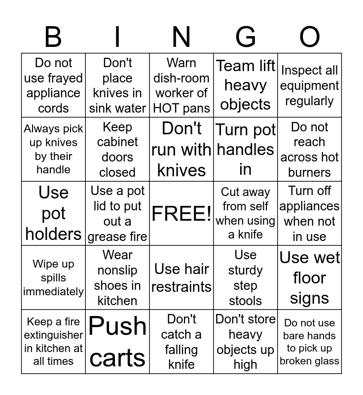Kitchen Safety Bingo Card