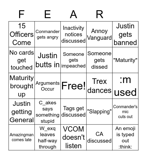 FEAR Meeting Bingo Card