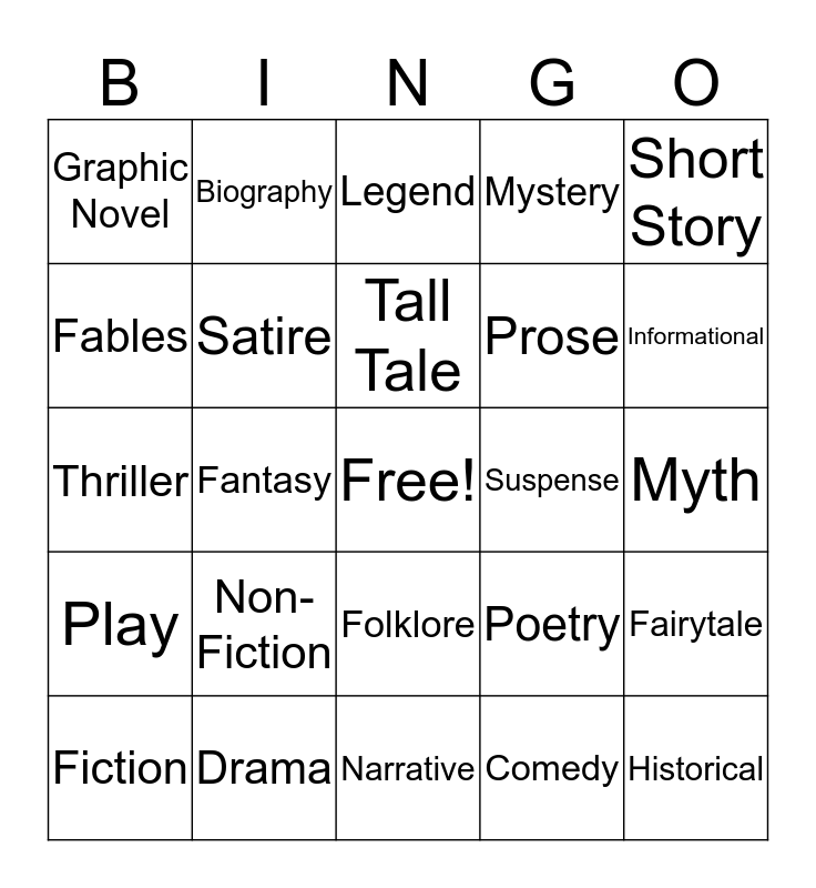 Literary Genres Bingo Card