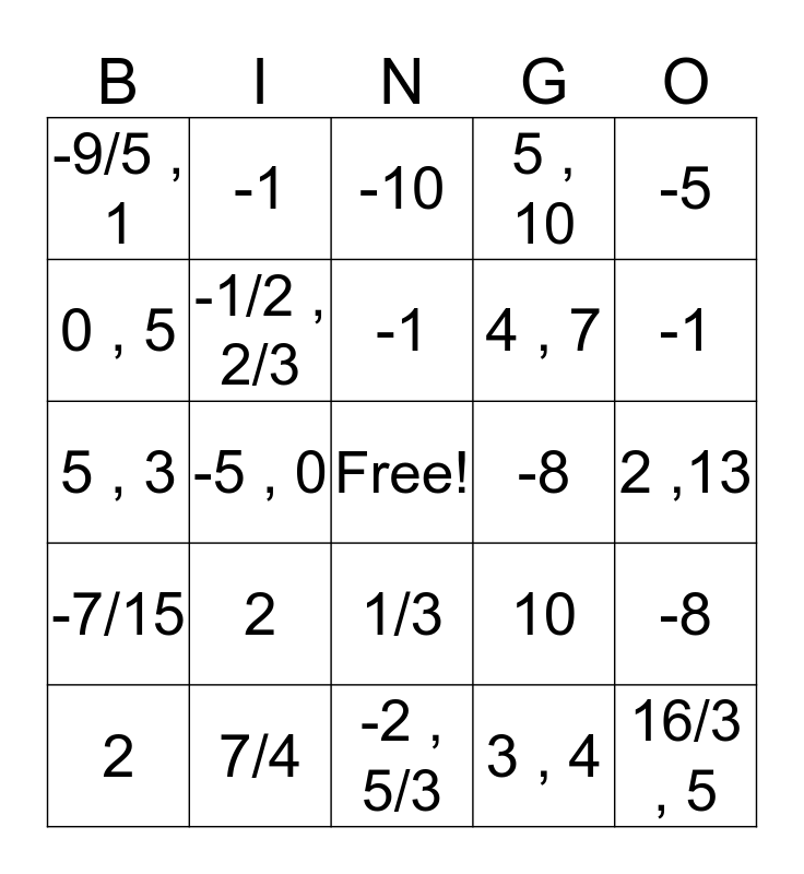 Solving Rational Equations BINGO Card