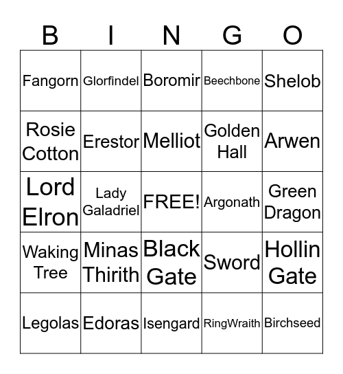 Hobbit Bingo Card