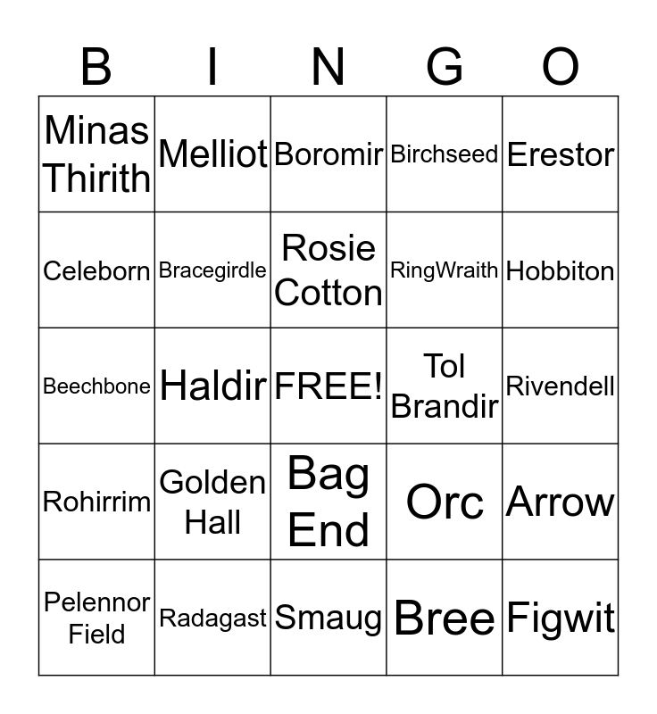 Hobbit Bingo Card