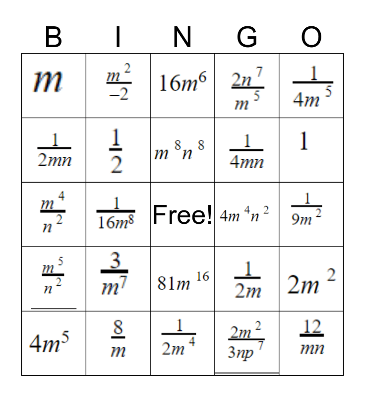 Properties Of Exponents Bingo Card