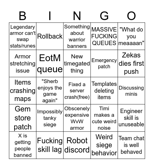 It's patch day Bingo Card